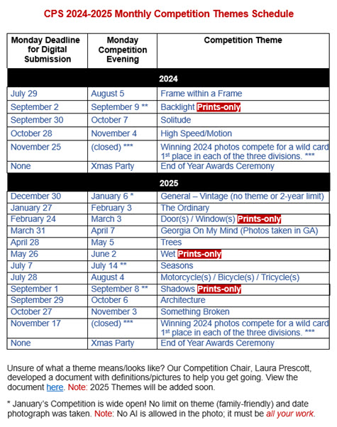 CPS 2024-2025 Monthly Competition Themes Schedule – Cobb Photographic ...